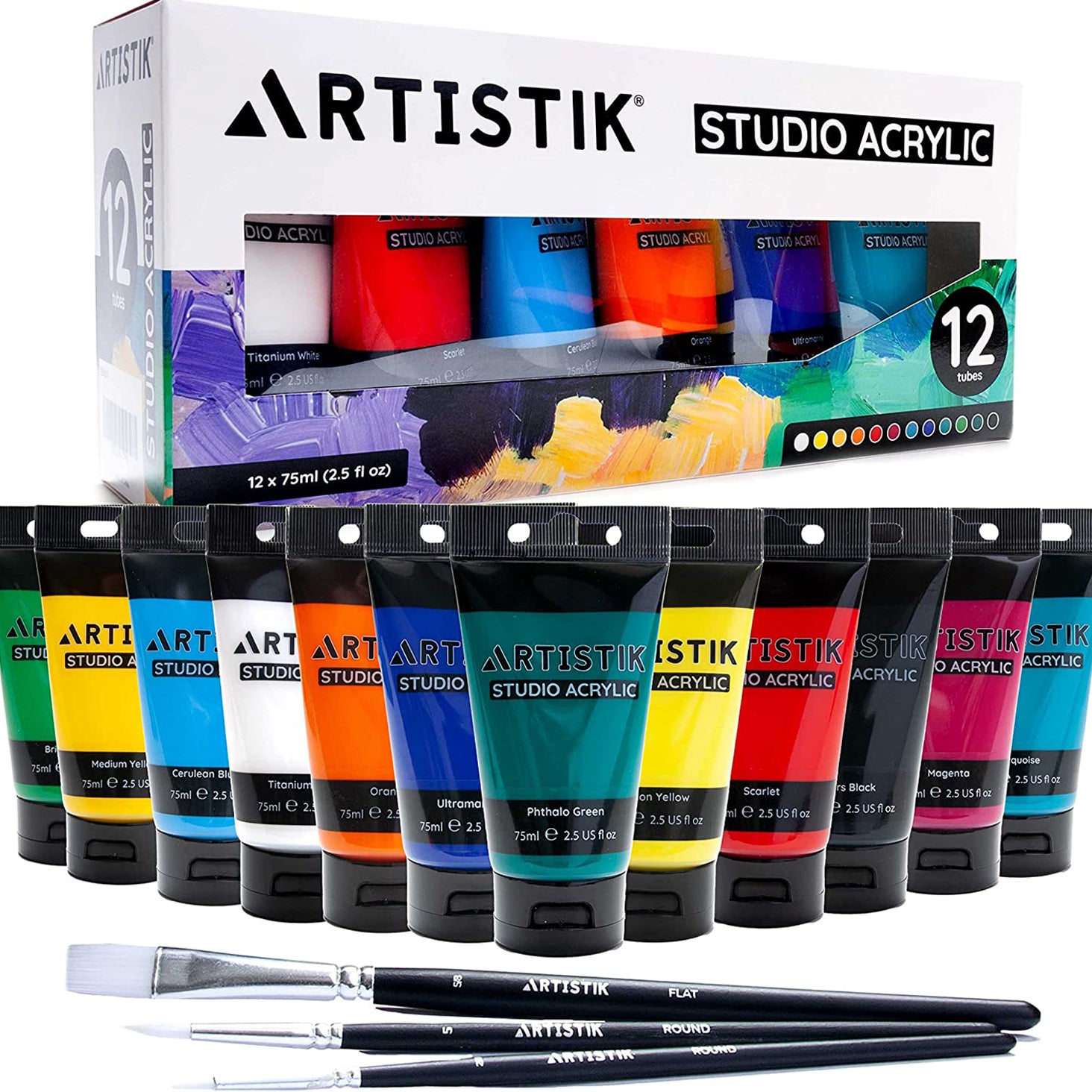 12 x 75ml Studio Acrylic Set with brushes – Artistik Art Materials